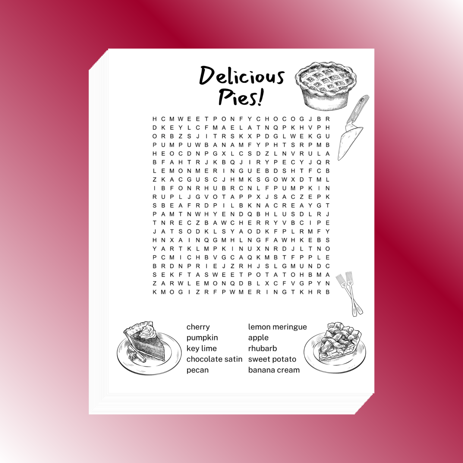Delicious Pies Word Search – Word Search Boss